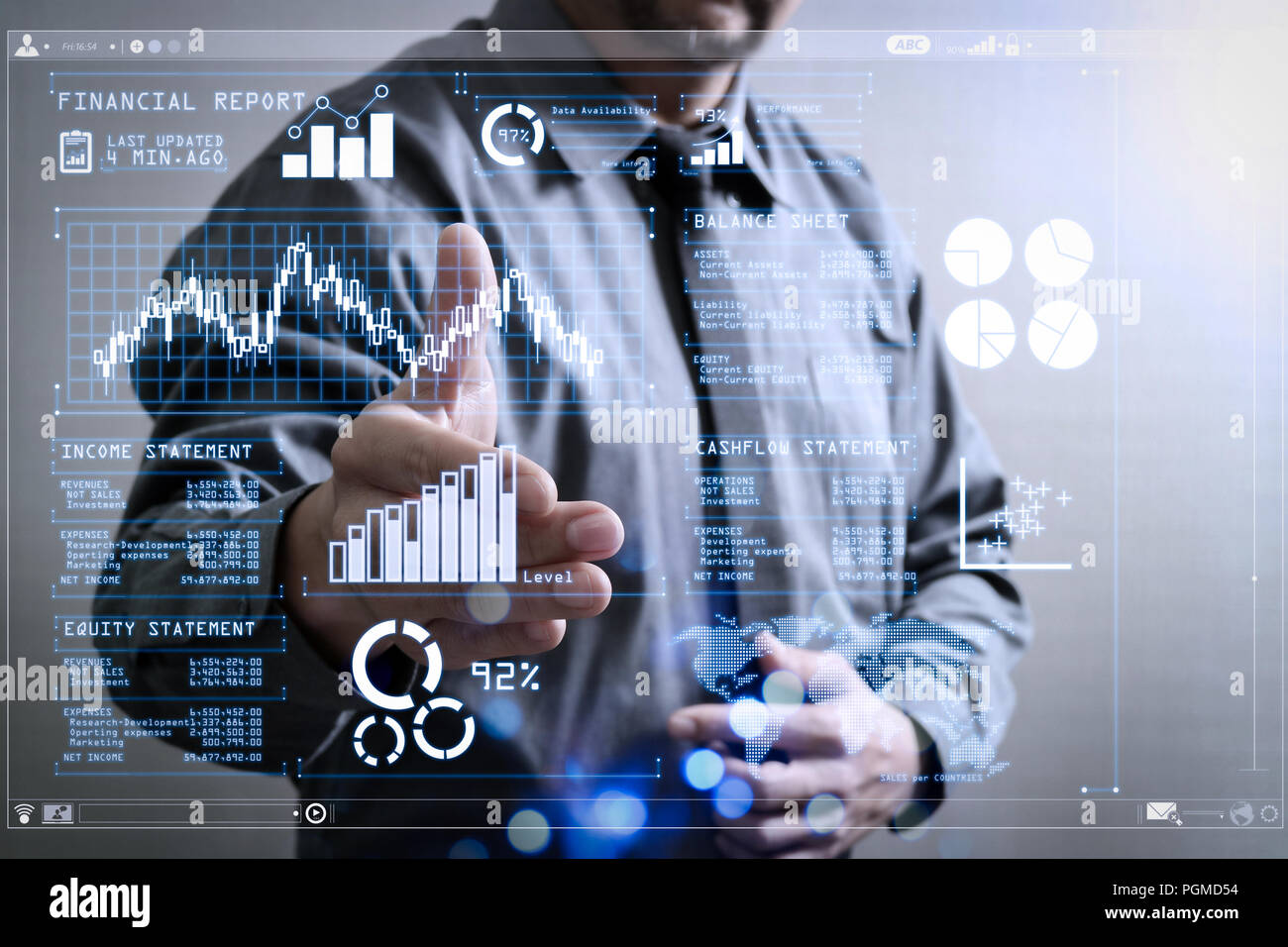 Investor analyzing stock market report and financial dashboard with ...