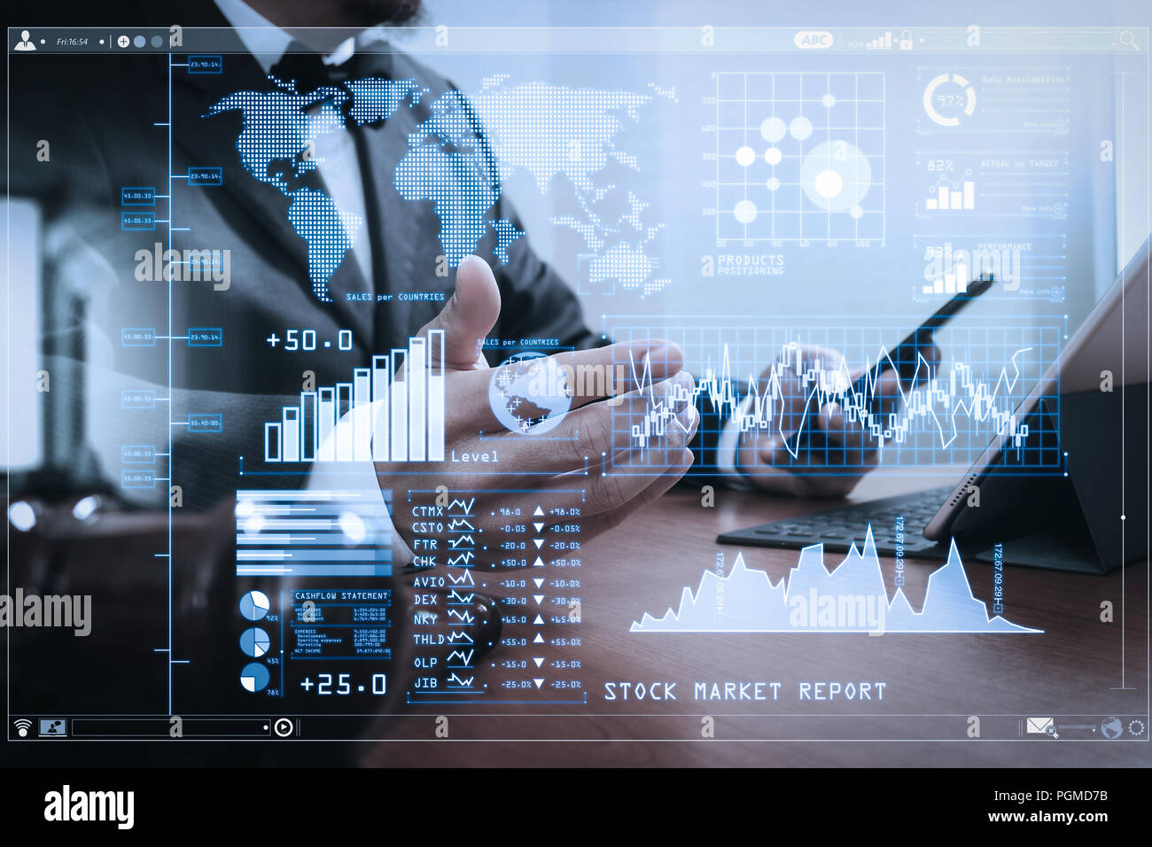 Investor analyzing stock market report and financial dashboard with ...