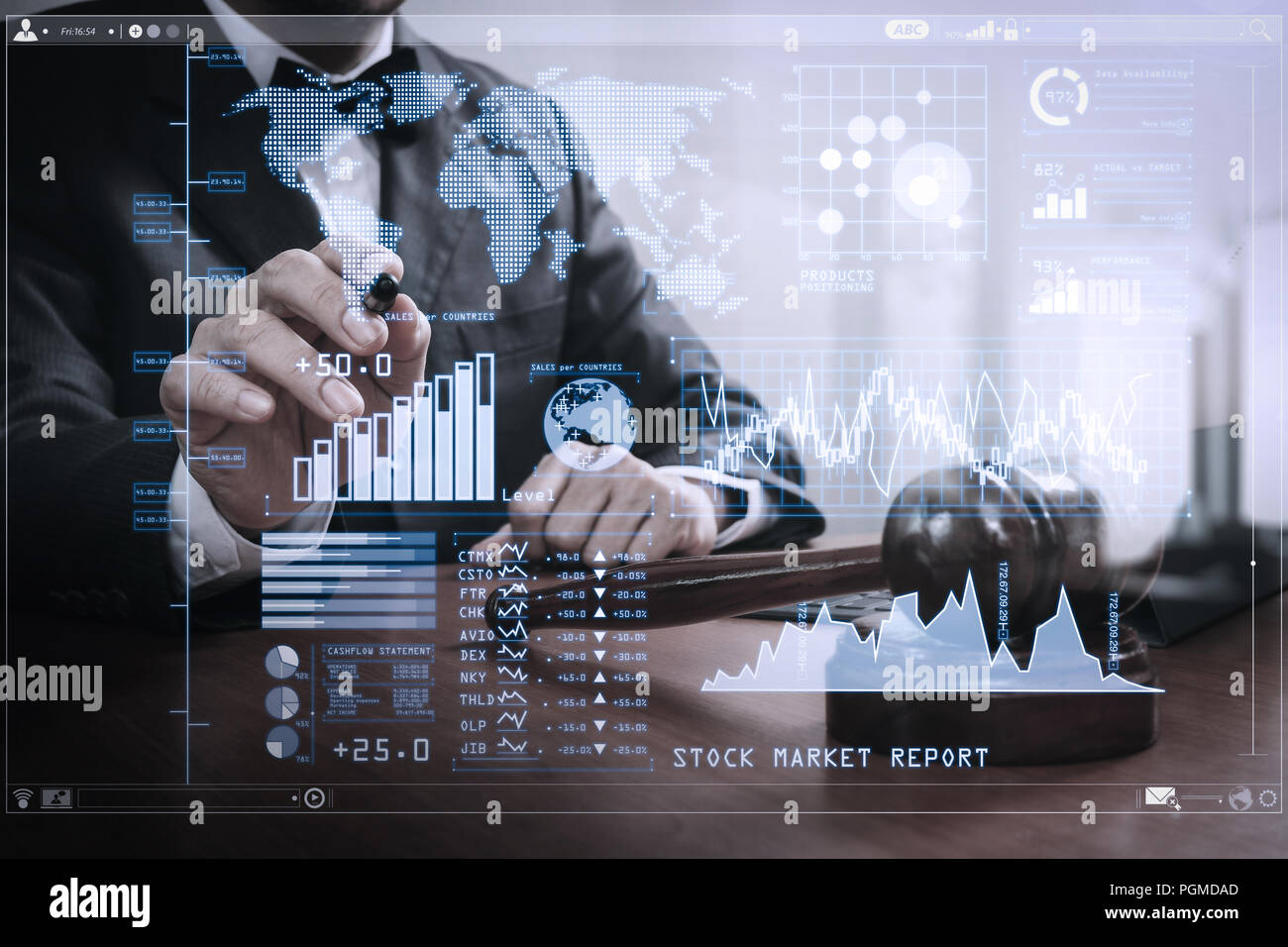 Investor analyzing stock market report and financial dashboard with ...
