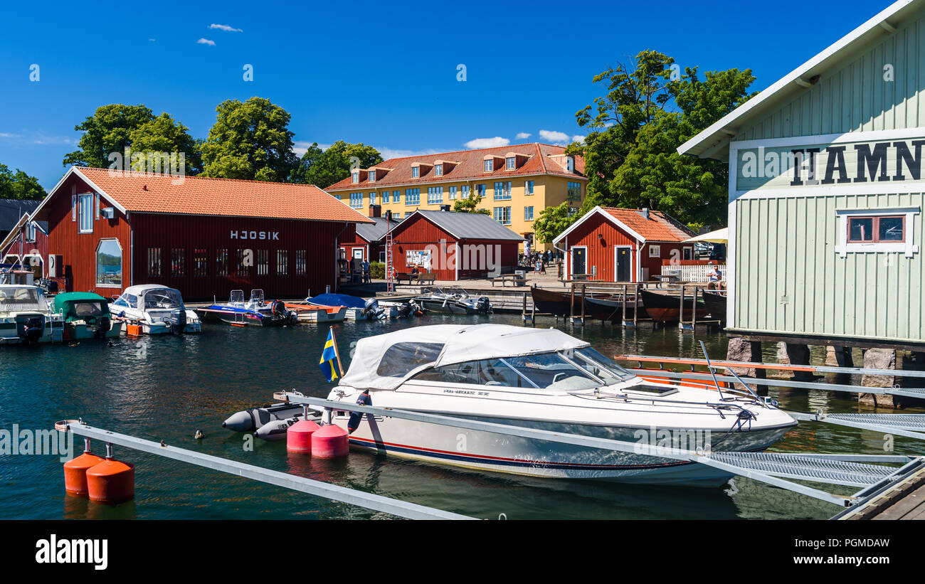 Hjo, Sweden – July 2, 2018: Hjo marina seen from one of the piers ...