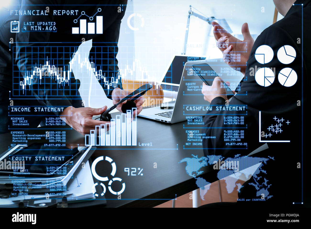 Investor analyzing stock market report and financial dashboard with ...