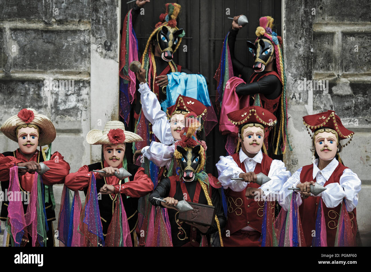 People in costumes and masks perform El Gueguense in Leon, Nicaragua ...