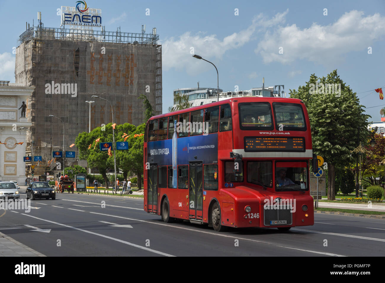 SKOPJE, REPUBLIC OF MACEDONIA - MAY 13, 2017: A red double-decker bus ...