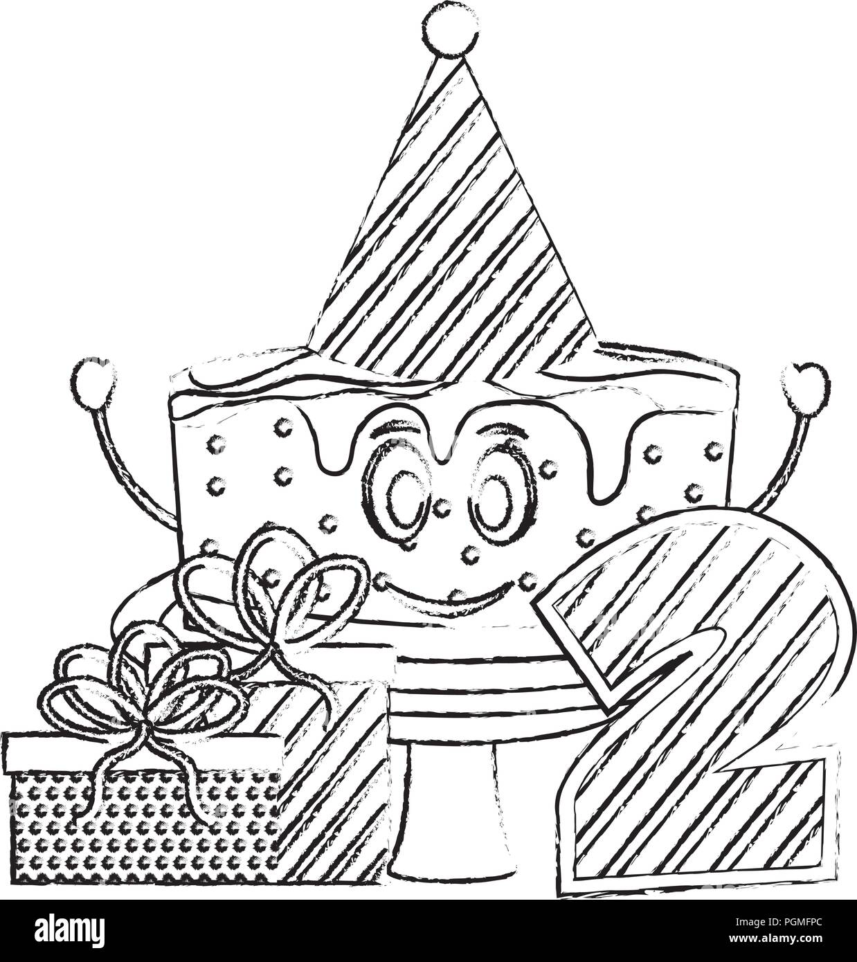 sweet cake with gift box present and number two kawaii character Stock ...