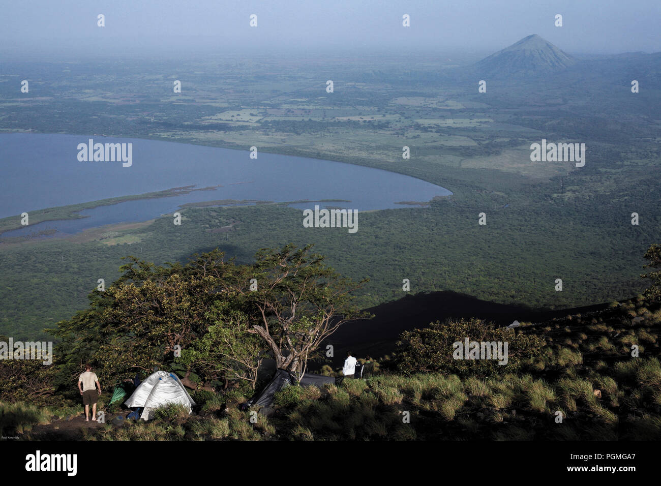 Camping on Momotombo volcano with Lake Managua below in Nicaragua ...