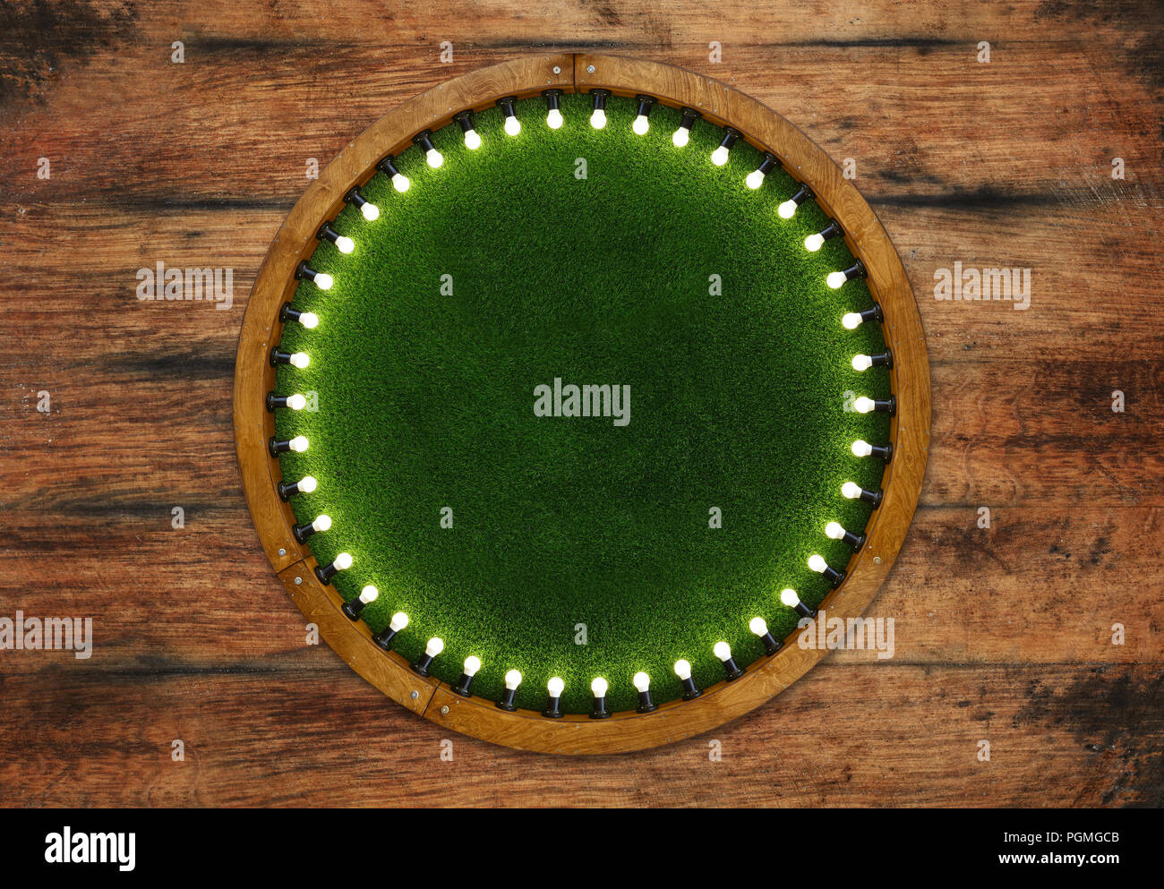 Close up one round shape wooden ring light frame with lightbulbs and ...