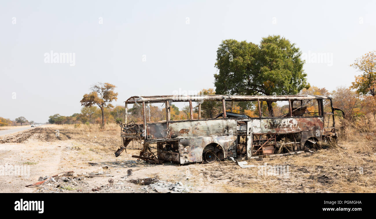 Burned bus at the side of the road, Botswana Stock Photo - Alamy