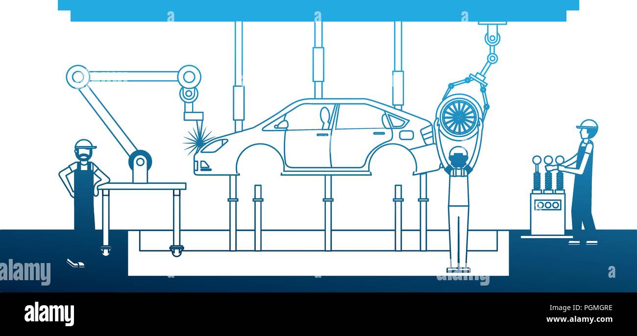 workers robot arms and assembly line automotive industry Stock Vector ...