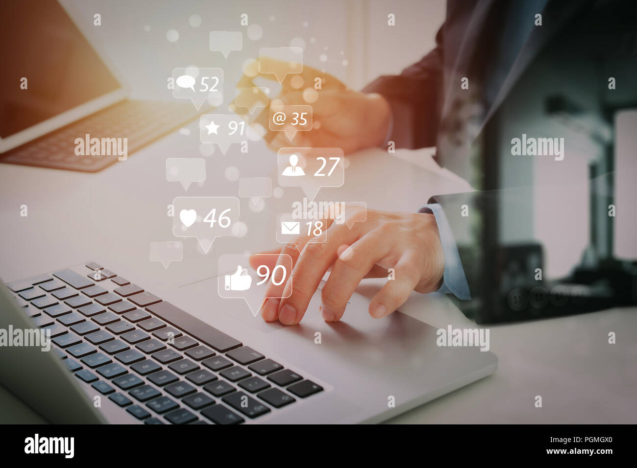 Social media and Marketing virtual icons screen concept.businessman ...