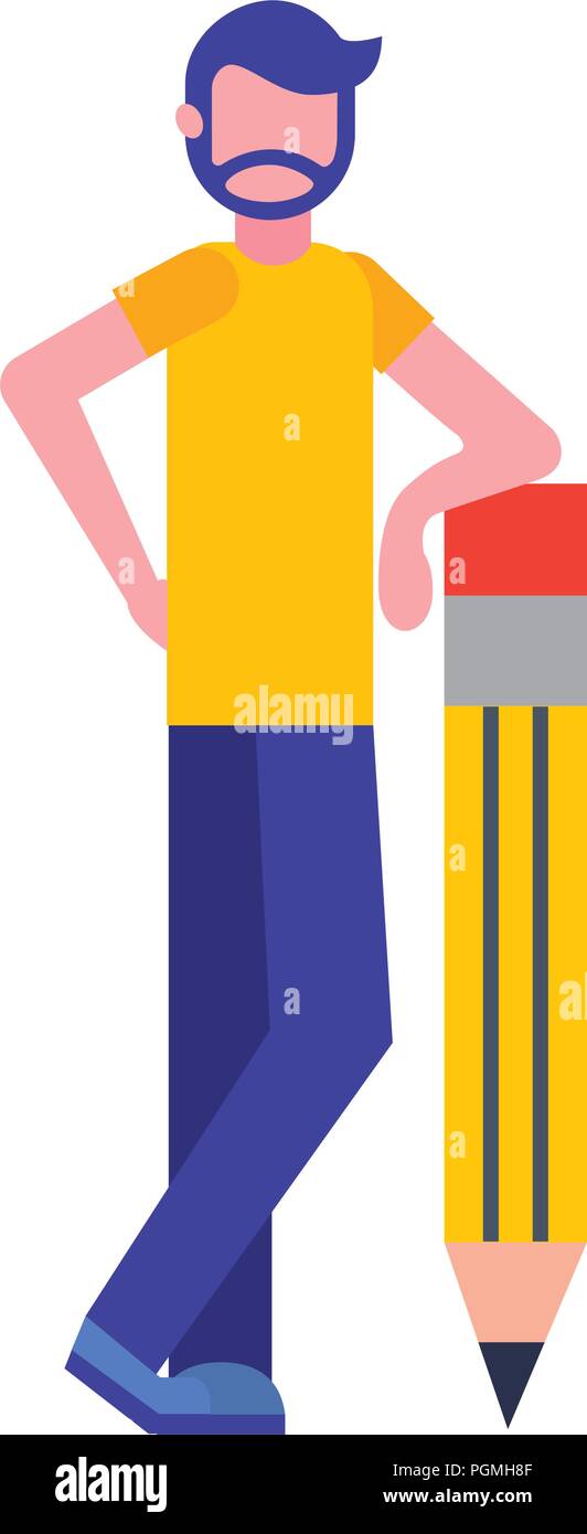 bearded man standing with big wooden pencil creativity Stock Vector ...