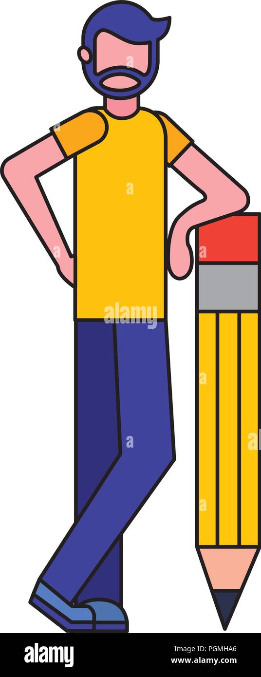 bearded man standing with big wooden pencil creativity Stock Vector ...