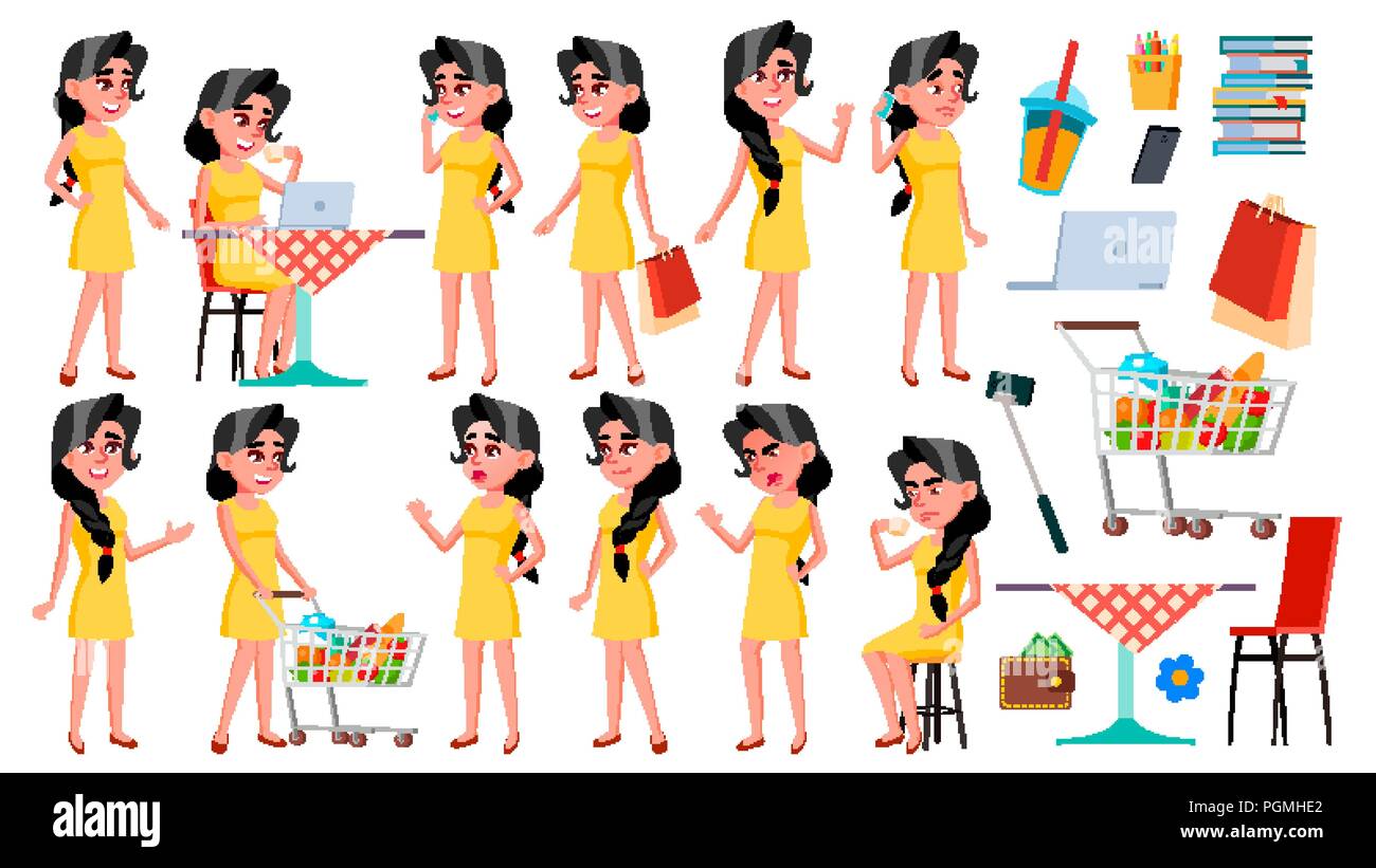 Teen Girl Poses Set Vector. Emotional, Pose. For Advertising, Placard ...