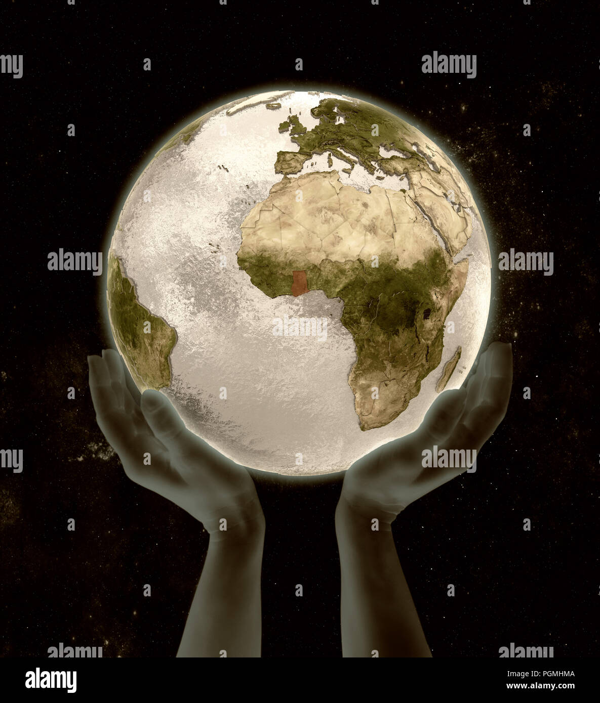 Ghana on globe in hands in space. 3D illustration Stock Photo - Alamy