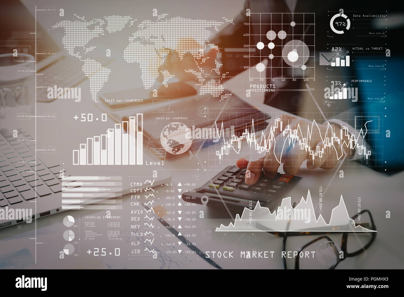 Investor analyzing stock market report and financial dashboard with ...