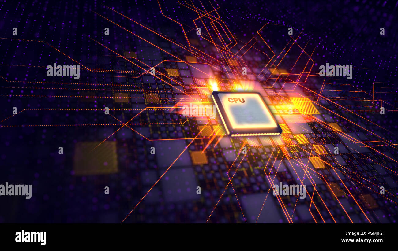 A techno 3d rendering of a CPU microprocessor put diagonally in the ...