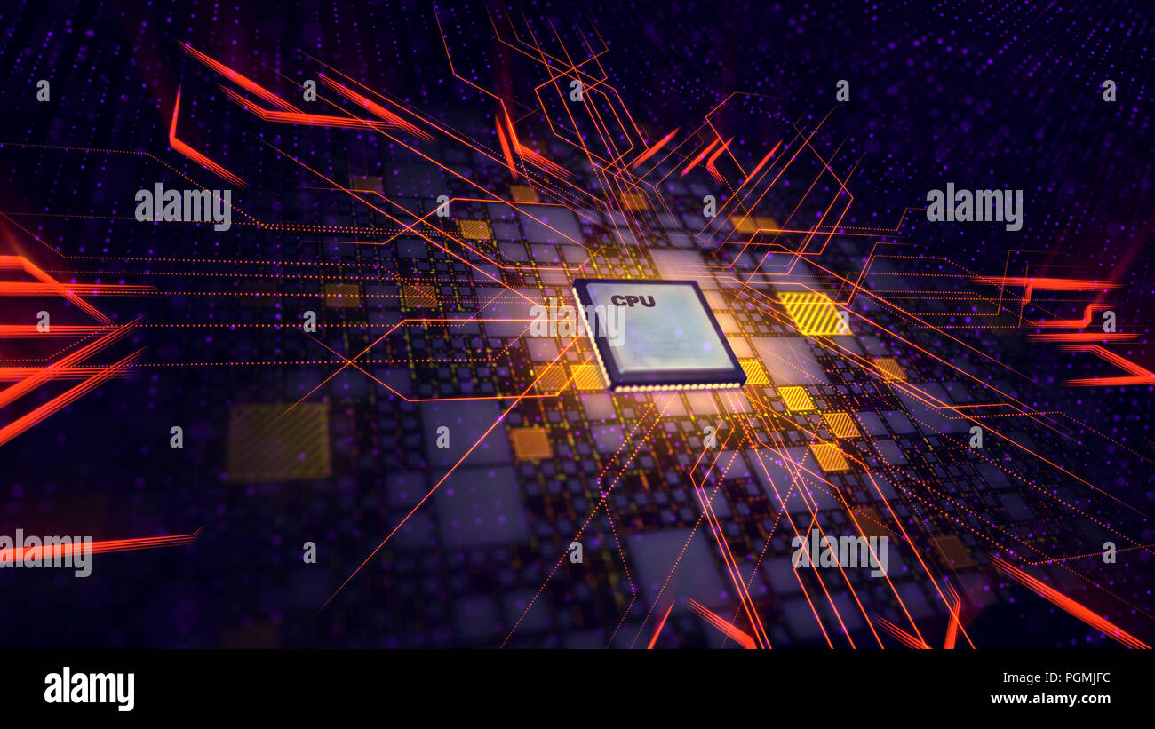 A superior 3d illustration of a grey CPU microprocessor put aslant in ...