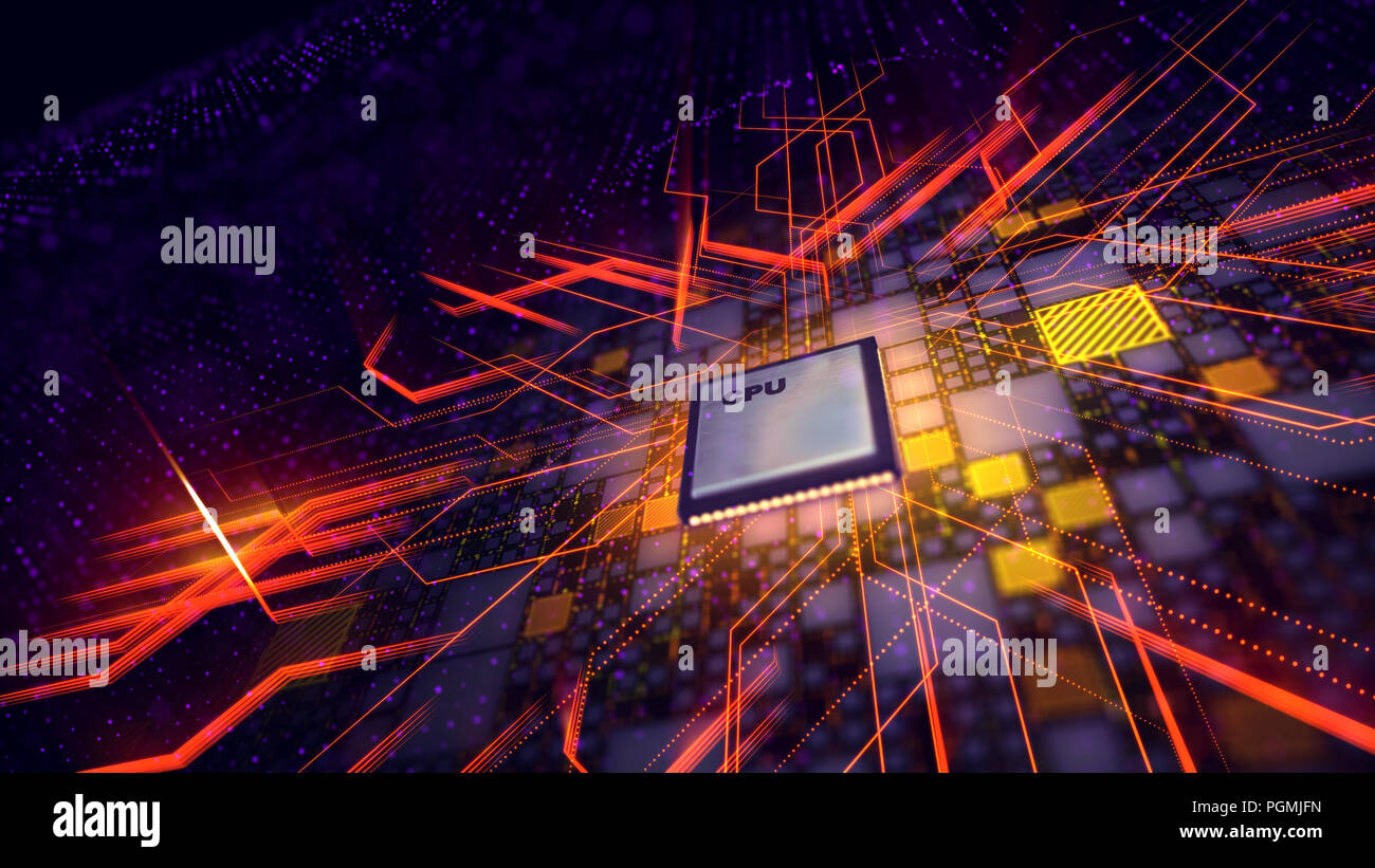 A cyberspace 3d illustration of a square CPU microprocessor with a line ...