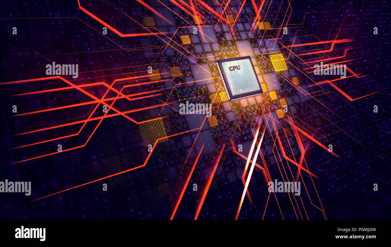 An artistic 3d illustration of a square CPU tablet making a diagonal ...