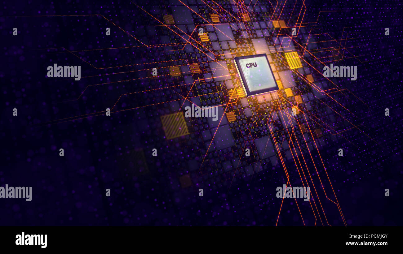 A sci-fi 3d illustration of a square CPU tablet with diagonal and ...