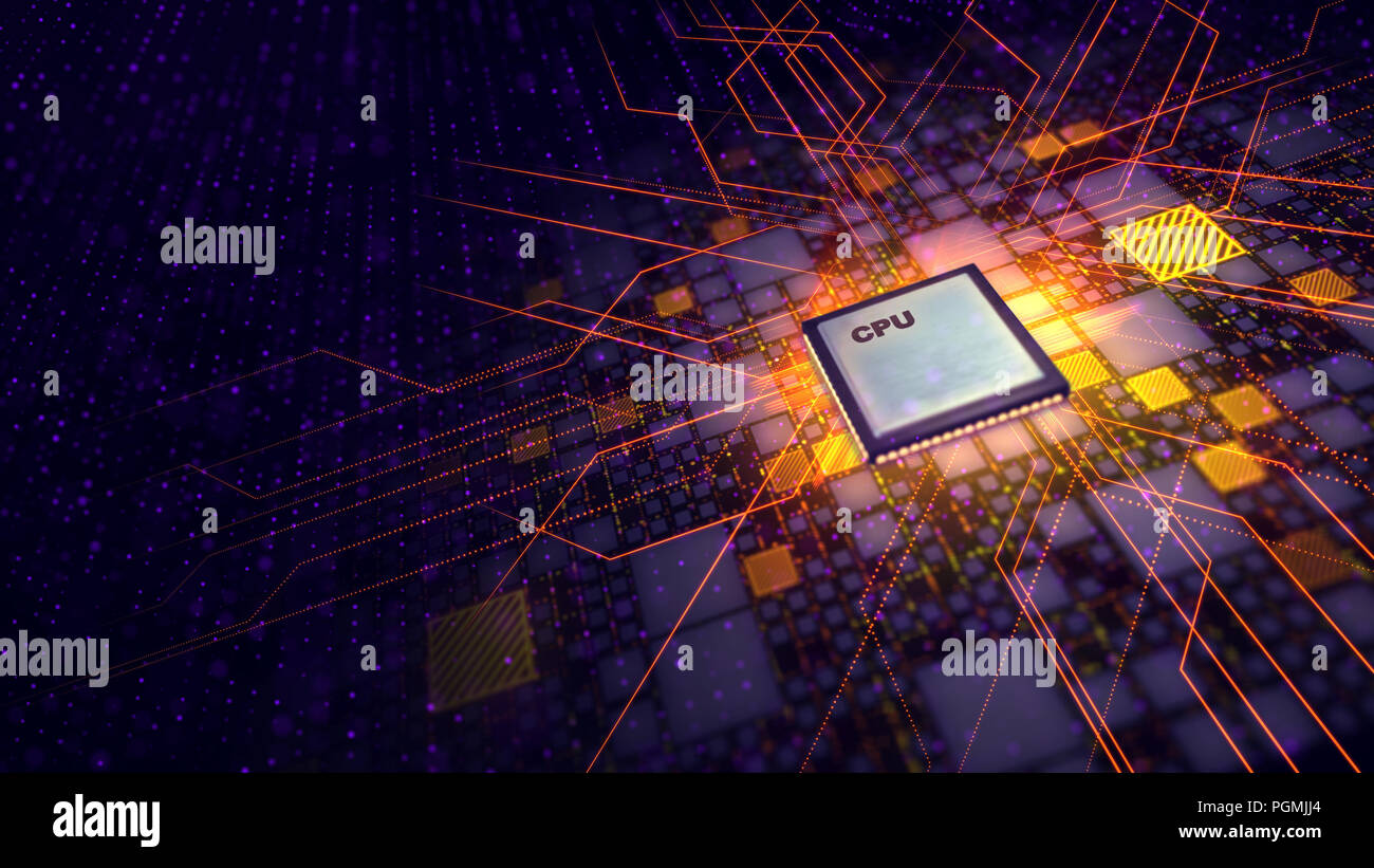 A high-tech 3d illustration of a square CPU microprocessor with plasma ...