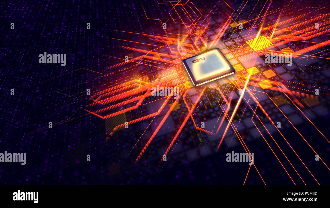 An astonishing 3d illustration of a square CPU tablet sparkling with ...