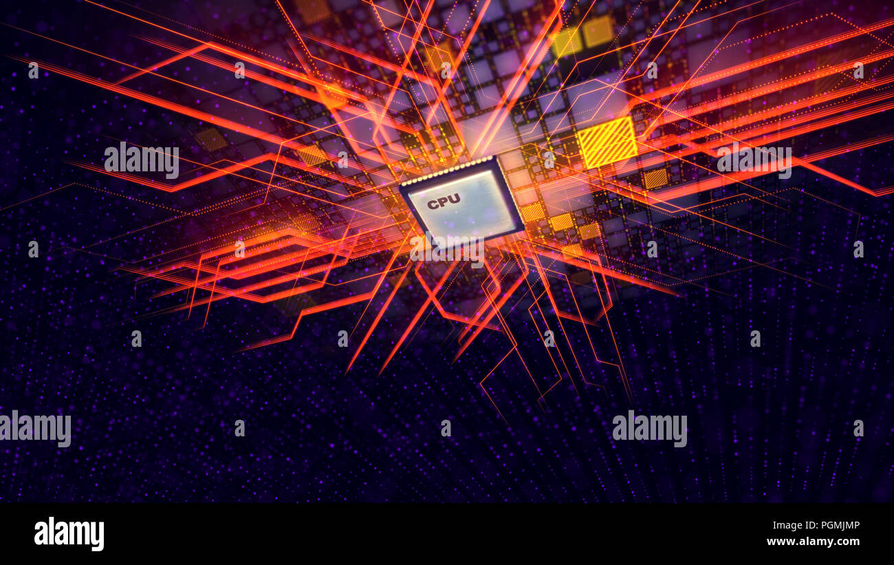 A dazzling 3d illustration of a flying CPU tablet sparkling with ...