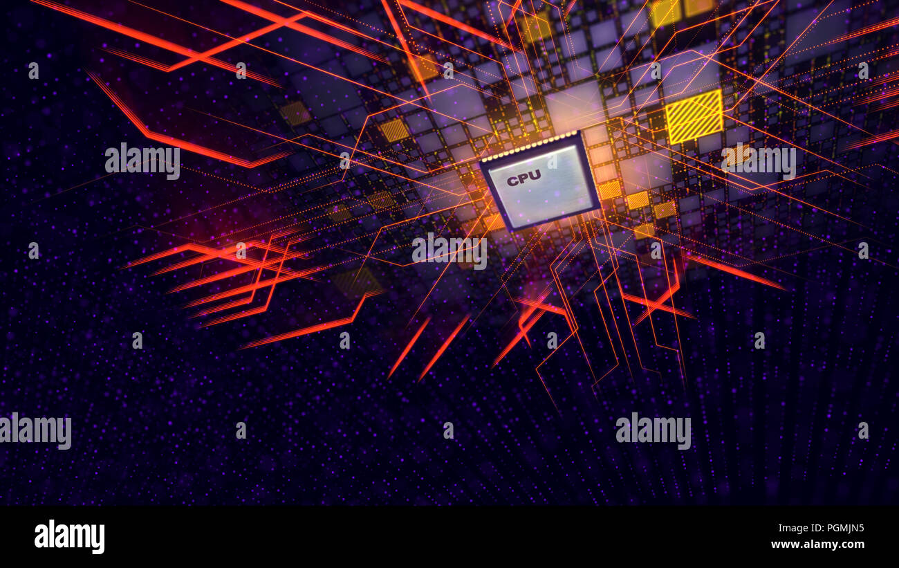 A gorgeous 3d illustration of a cubic CPU device shimmering like an ...