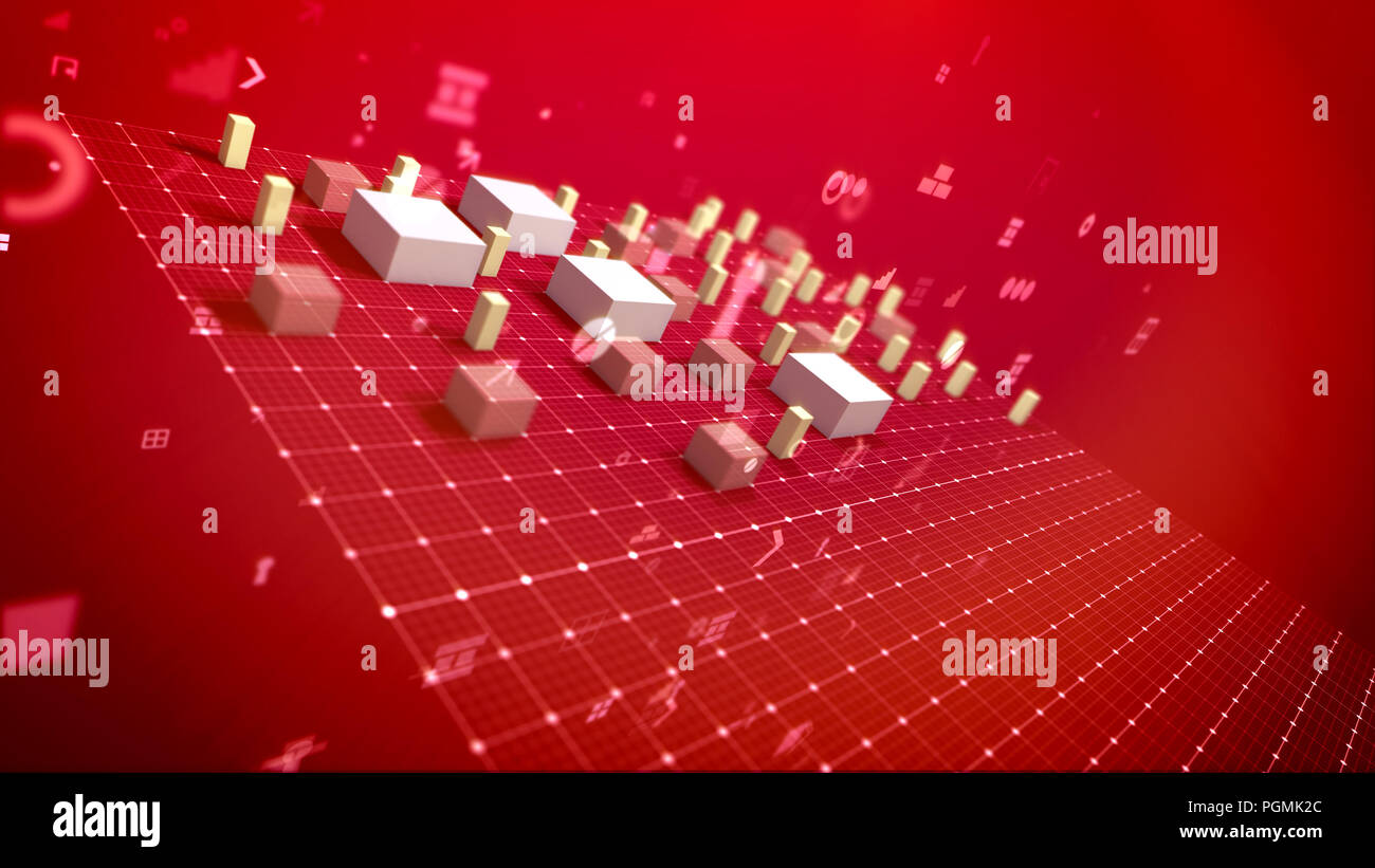 A computer graphics 3d illustration of a bar chart and pc signs ...