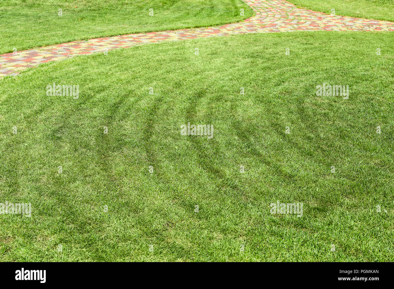 Freshly mowed rows of green lawn at country residence with circled ...