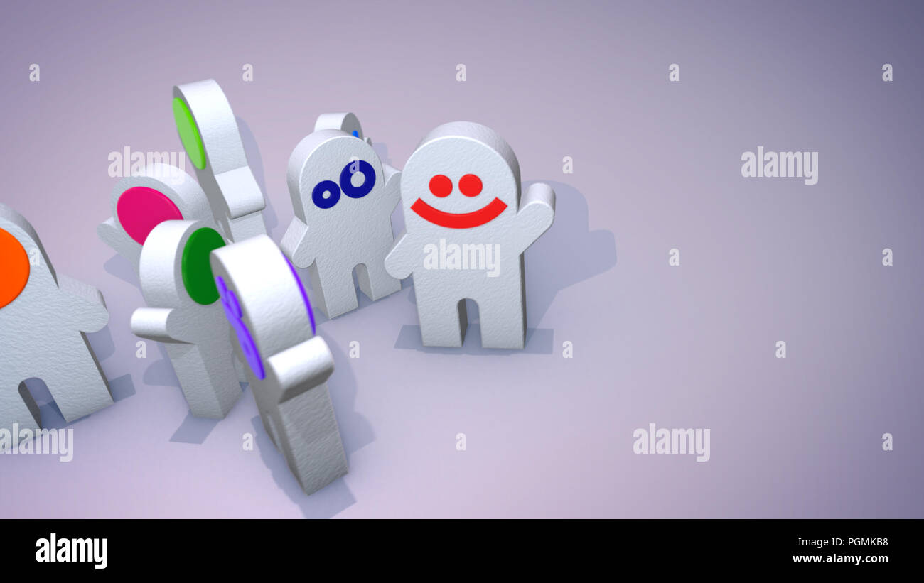 A funny 3d illustration of smiling toy figures standing in a circle and ...
