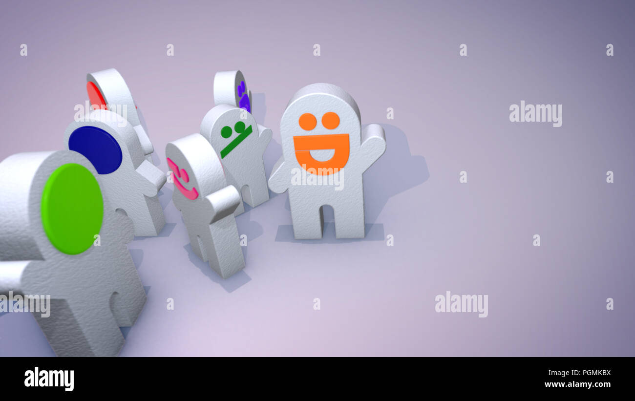 A cheery 3d illustration of smiling toy figures standing in a circle ...