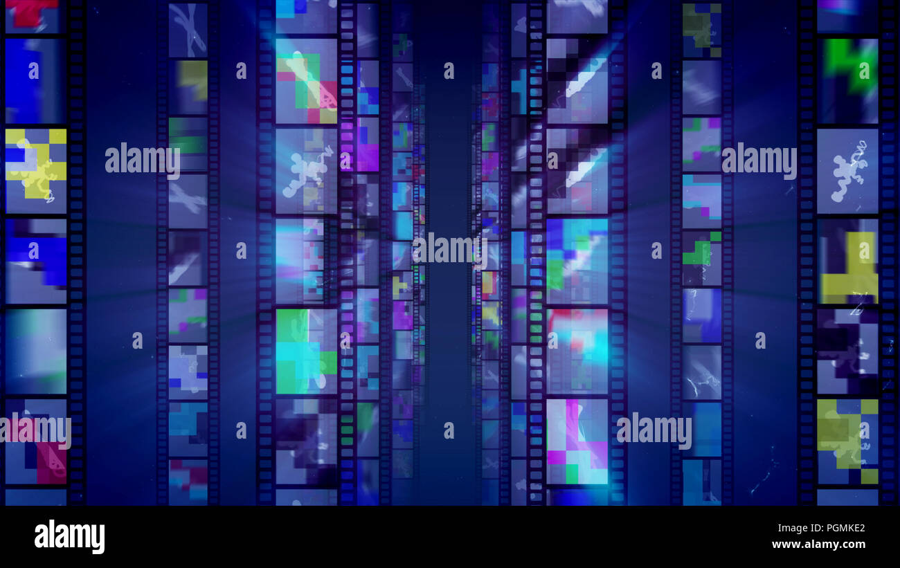 A holographic 3d illustration of vertical film tapes shining brightly ...