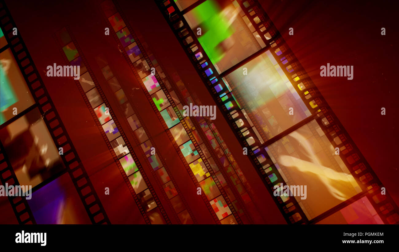 3d illustration of three diagonal film stripes shining brightly being ...