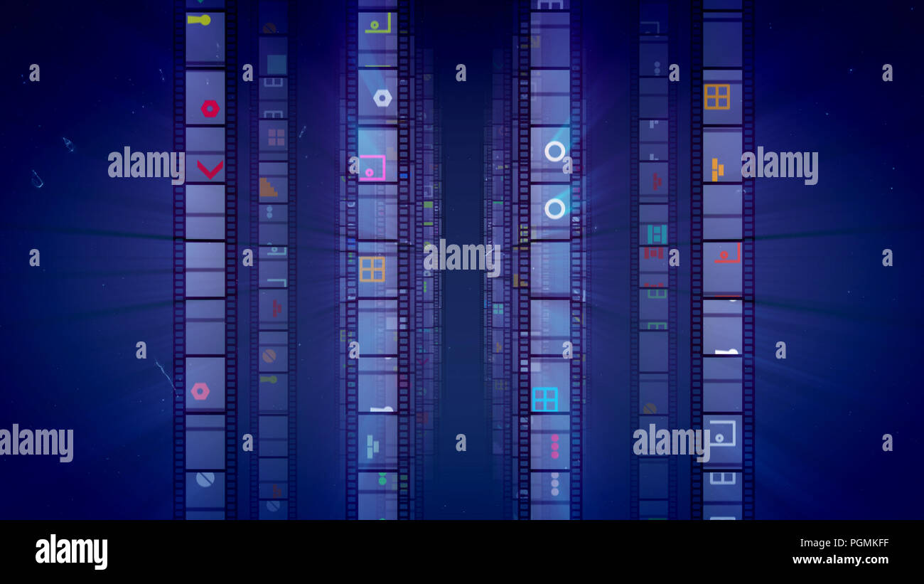 An impressive 3d illustration of vertical movie tapes sparkling like ...