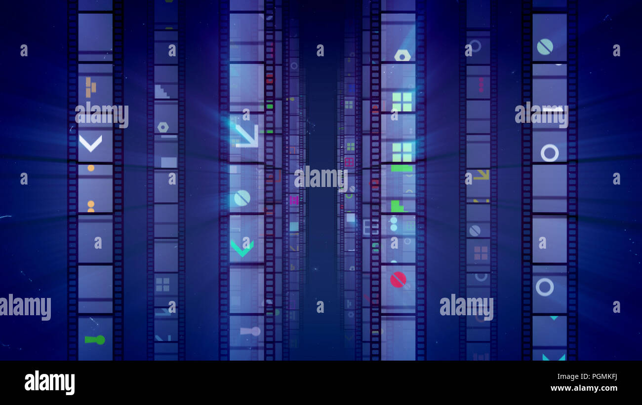 An exciting 3d illustration of vertical film tapes dazzling brightly ...
