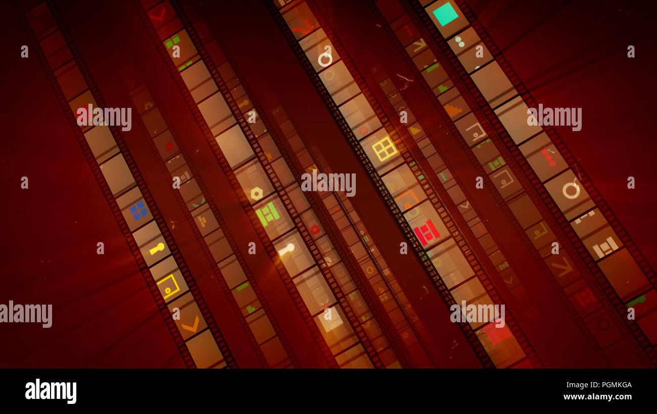 An op art 3d illustration of four diagonal film stripes shining ...