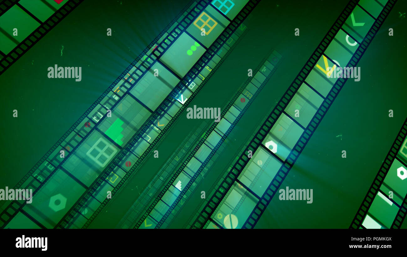 An op art 3d illustration of several diagonal film stripes shining ...
