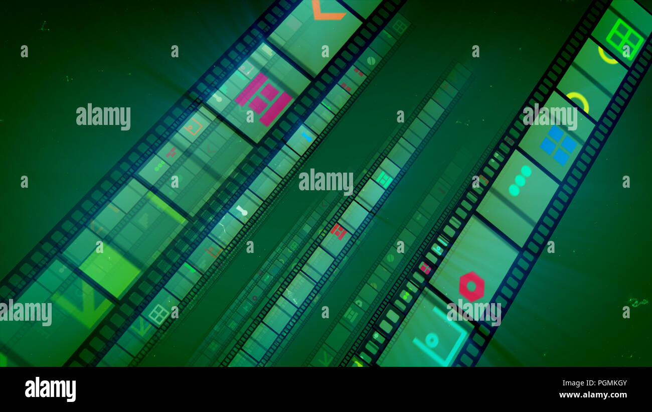 A holographic 3d illustration of diagonal film tapes with red, violet ...