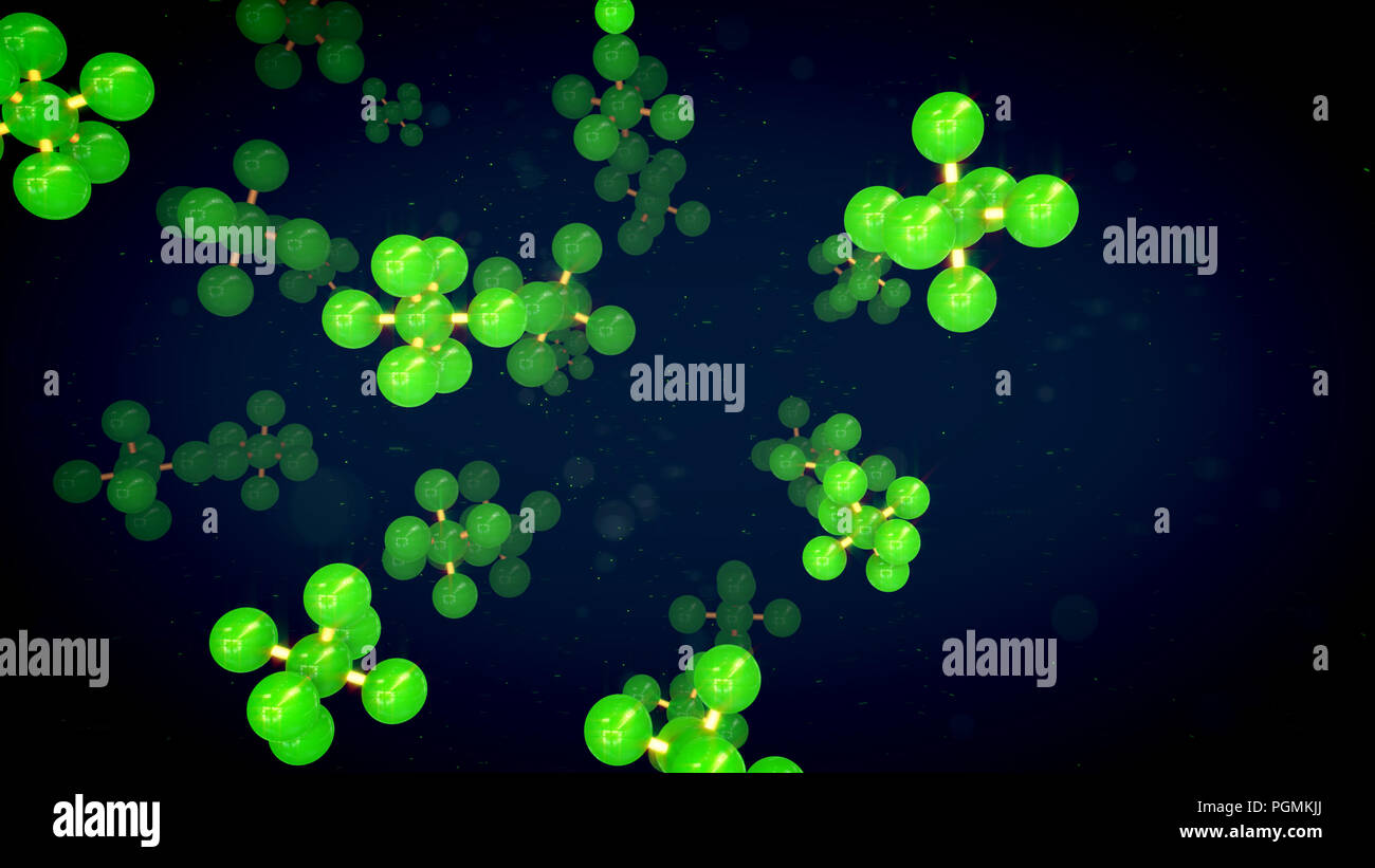 An original 3d illustration of green atoms connected in holographic ...