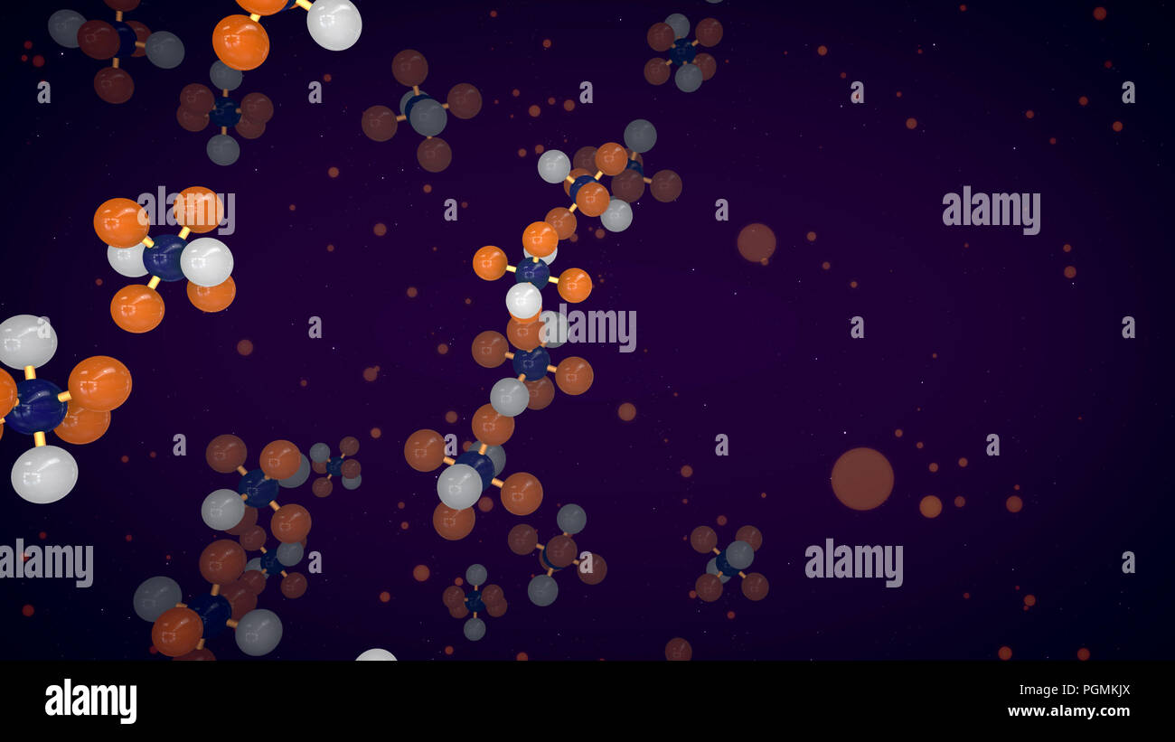 An amazing 3d illustration of orange, white and blue atoms linked in ...