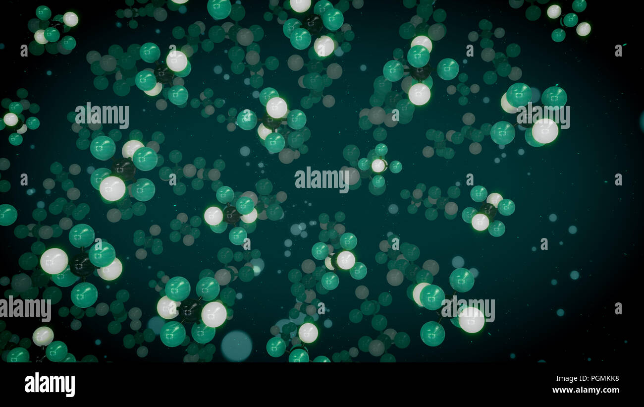 An artistic 3d illustration of green, white and black atoms linked in ...