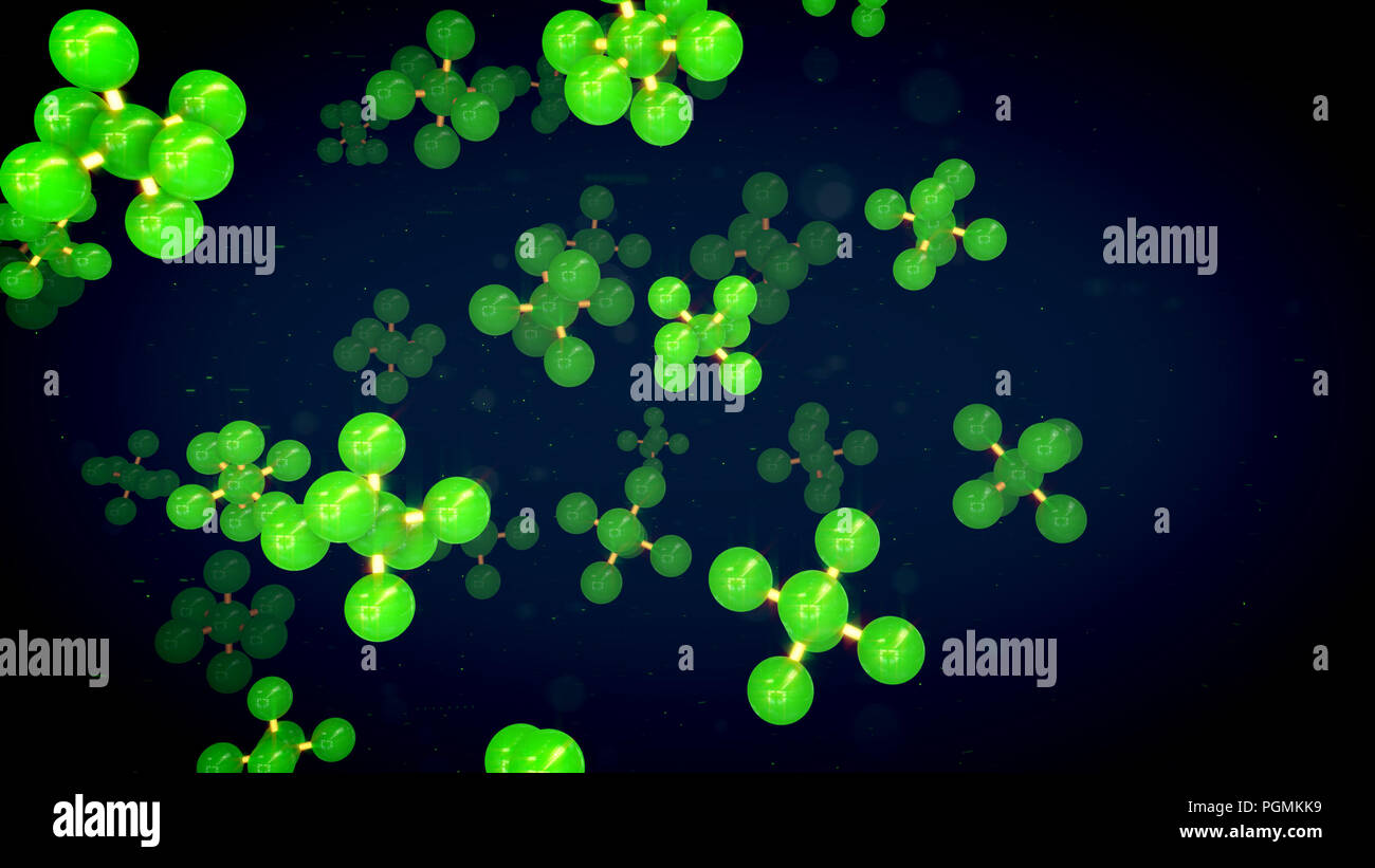 An impressive 3d illustration of green atoms linked in volumetric ...
