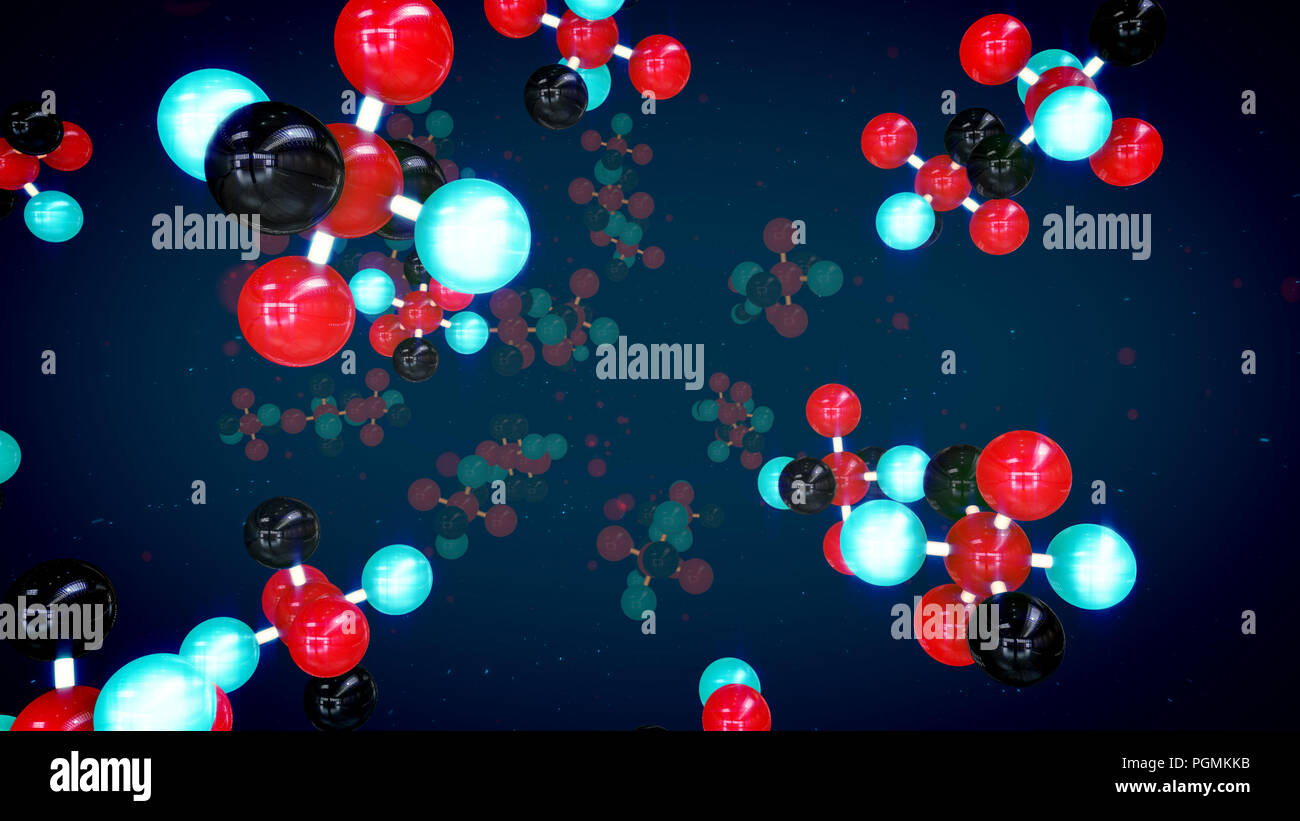 A splendid 3d illustration of red, celeste, red and black atoms linked ...