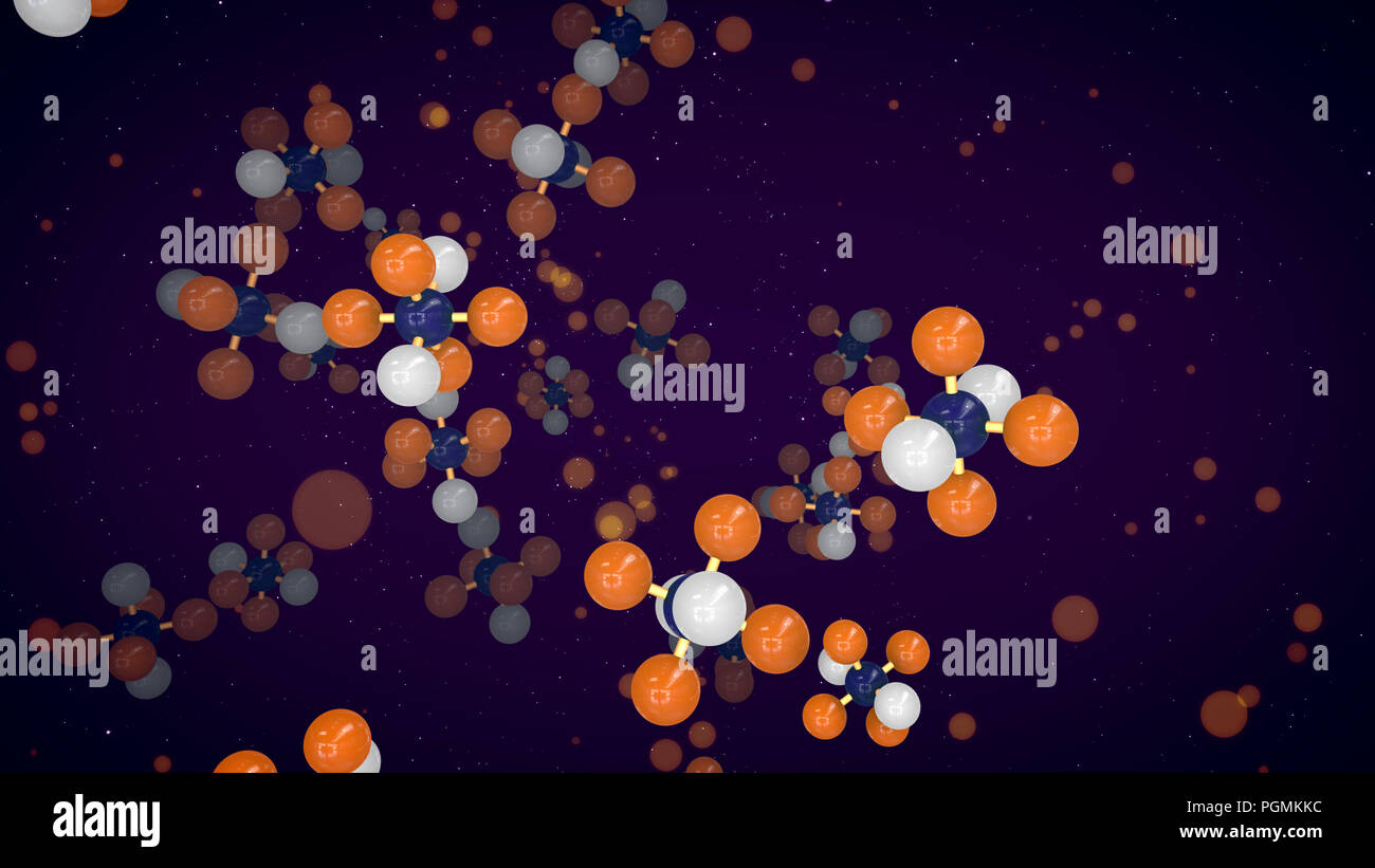 A wonderful 3d illustration of orange, white and blue atoms connected ...