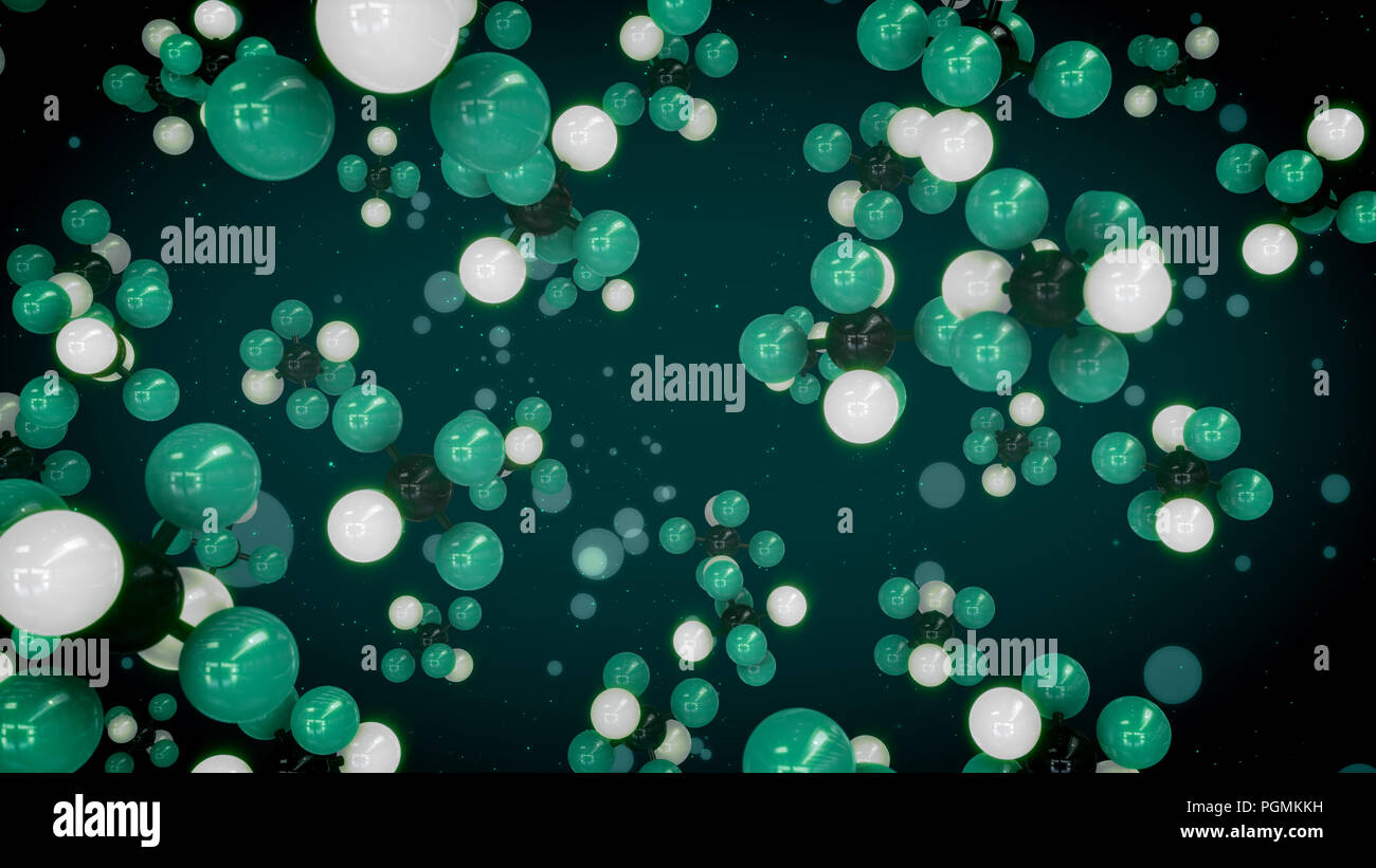 A magnificent 3d illustration of red, blue and black atoms linked in ...