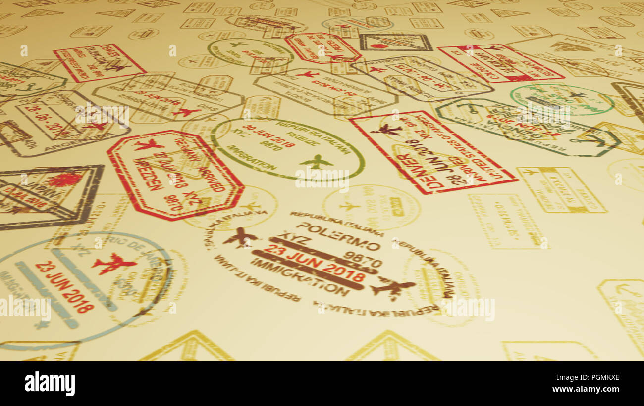 A panoramic 3d illustration of travel stamps flying and landing on ...