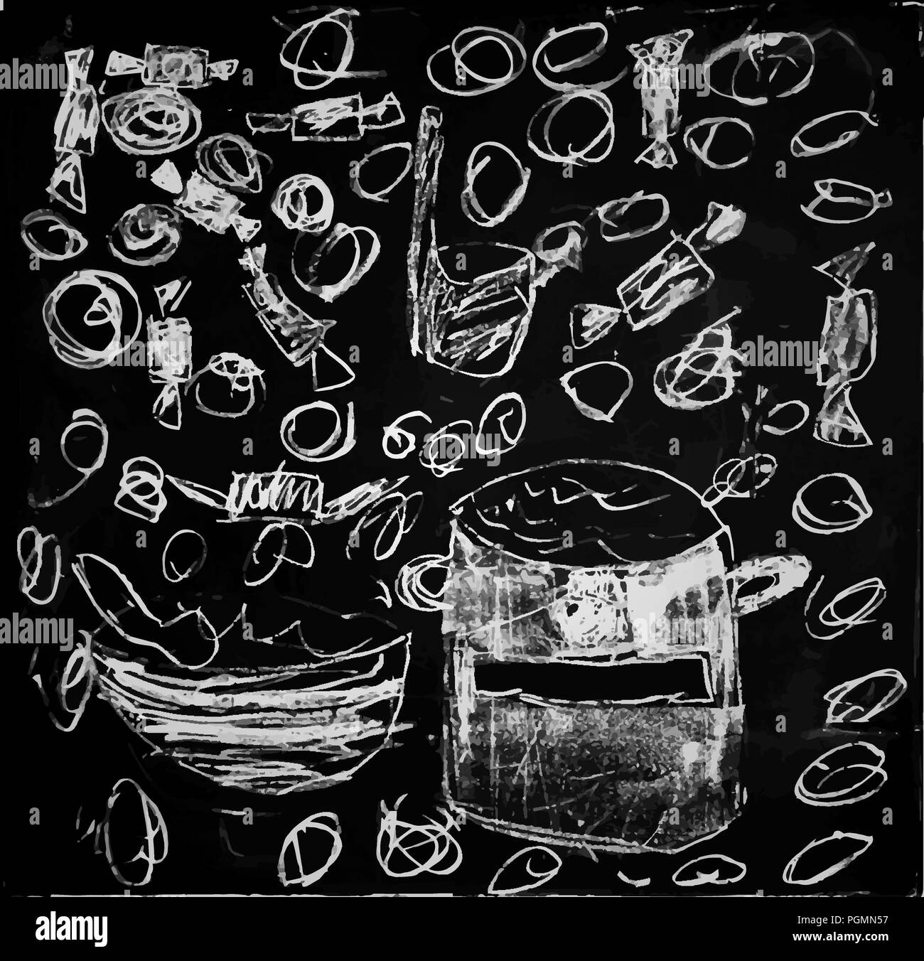 Black and White artistic drawing of chalk with lunch background. Vector ...