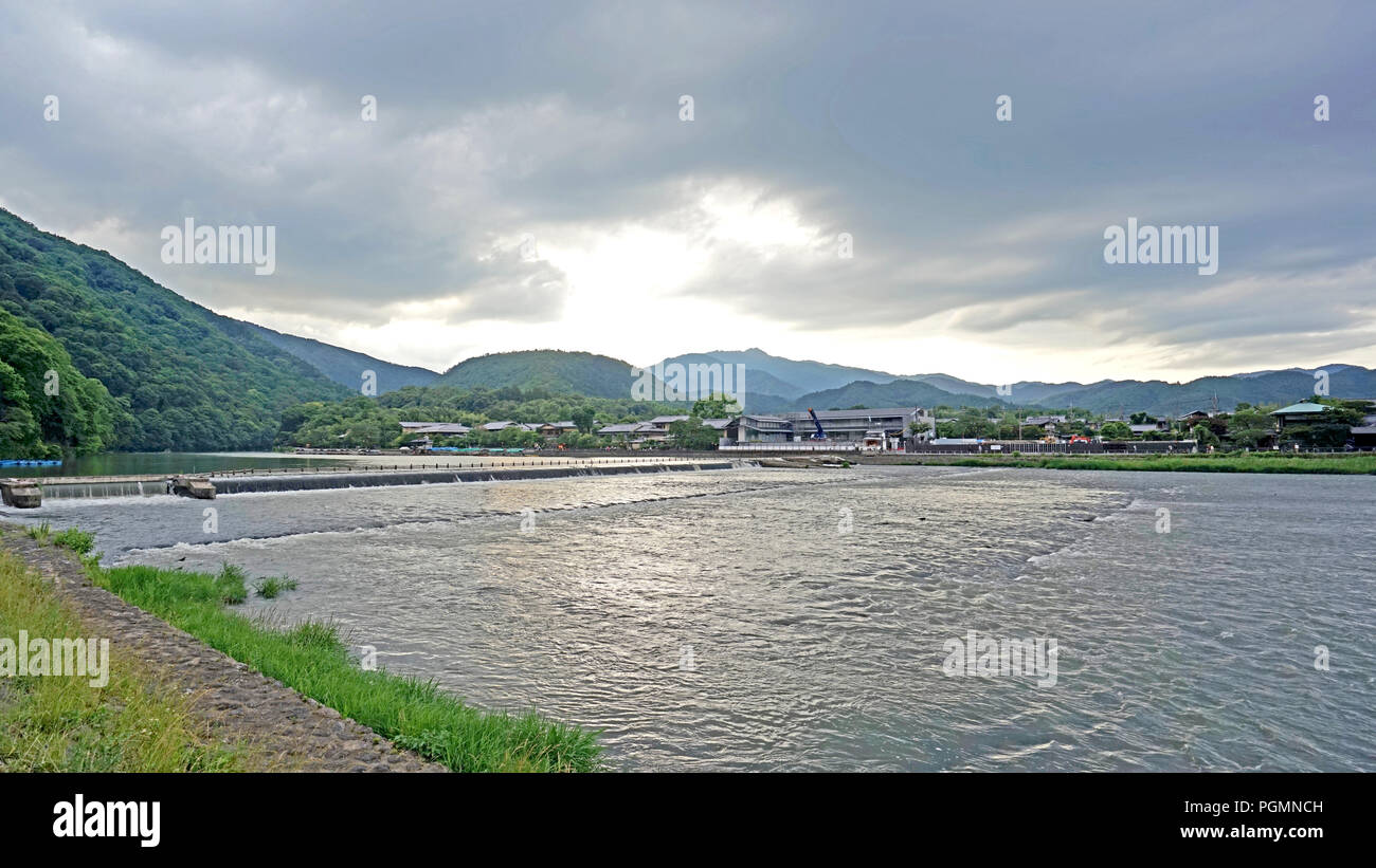 The stone footpath, rapid river in countryside of Japan Kyoto Stock ...