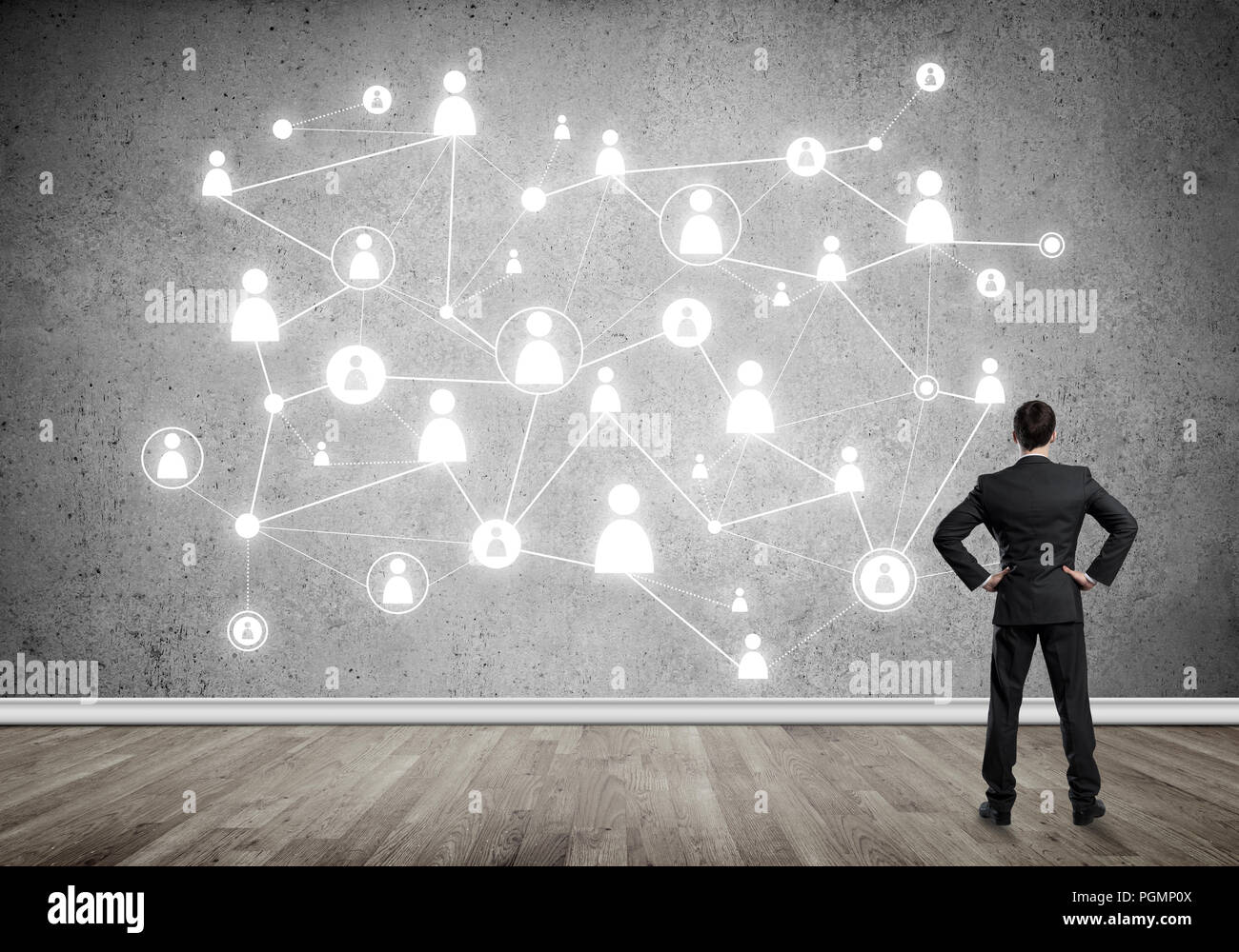 Connection lines drawn on concrete wall as symbol for networking Stock ...