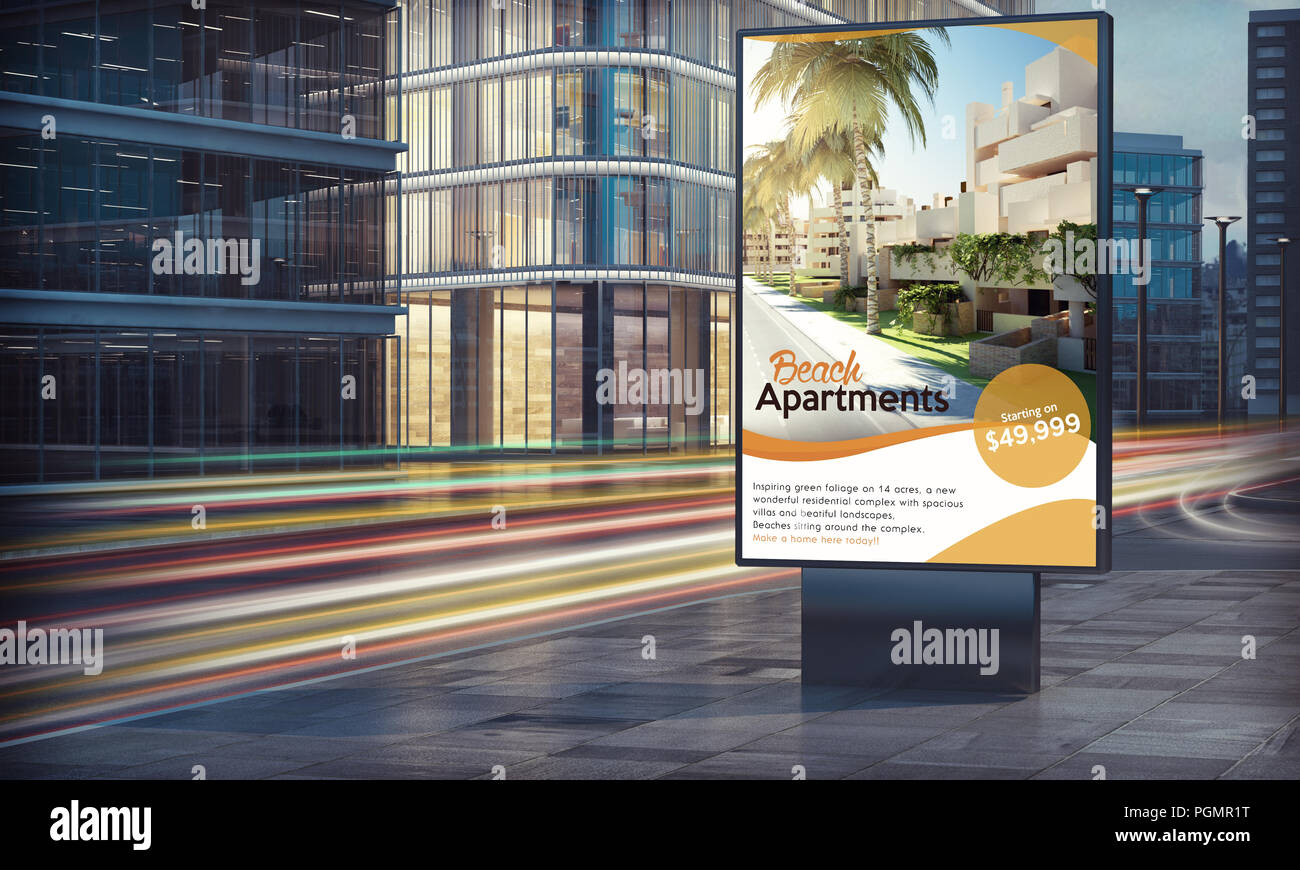 Real estate advertising billboard in city night 3d rendering Stock ...